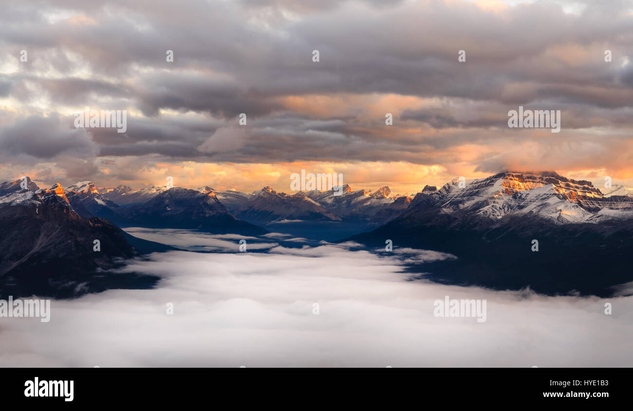Landscape view of mountain range at sunrise, Mount Fairview, Alberta ...
