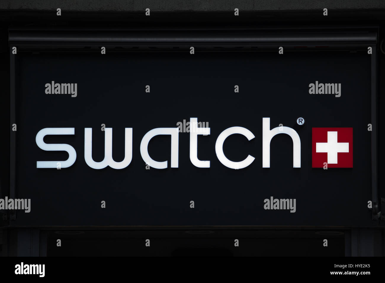 Zurich, Switzerland - 04 November, 2016: Sign of Swatch on building ...