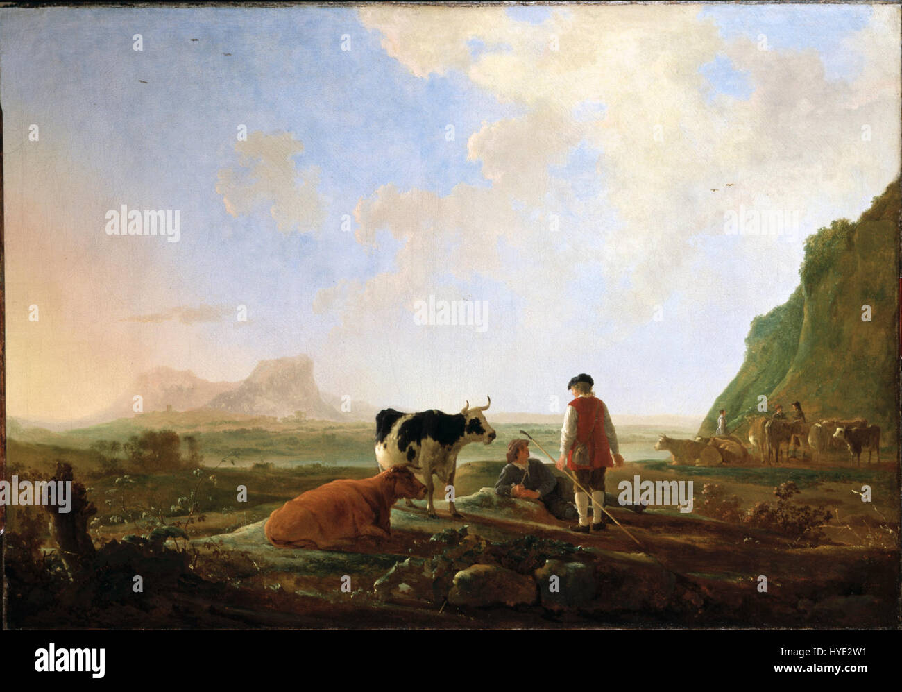Aelbert Cuyp's painting 'Herdsmen with Cows' captures a pastoral scene ...