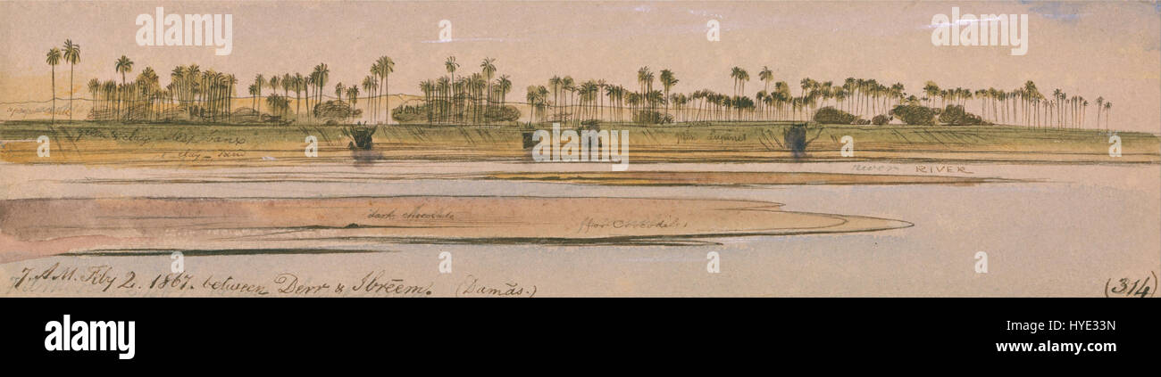 This landscape by Edward Lear, titled Between Derr and Ibreem, captures ...