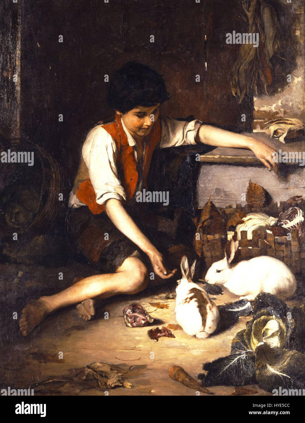 This painting by Lembesis Polychronis portrays a child holding rabbits ...