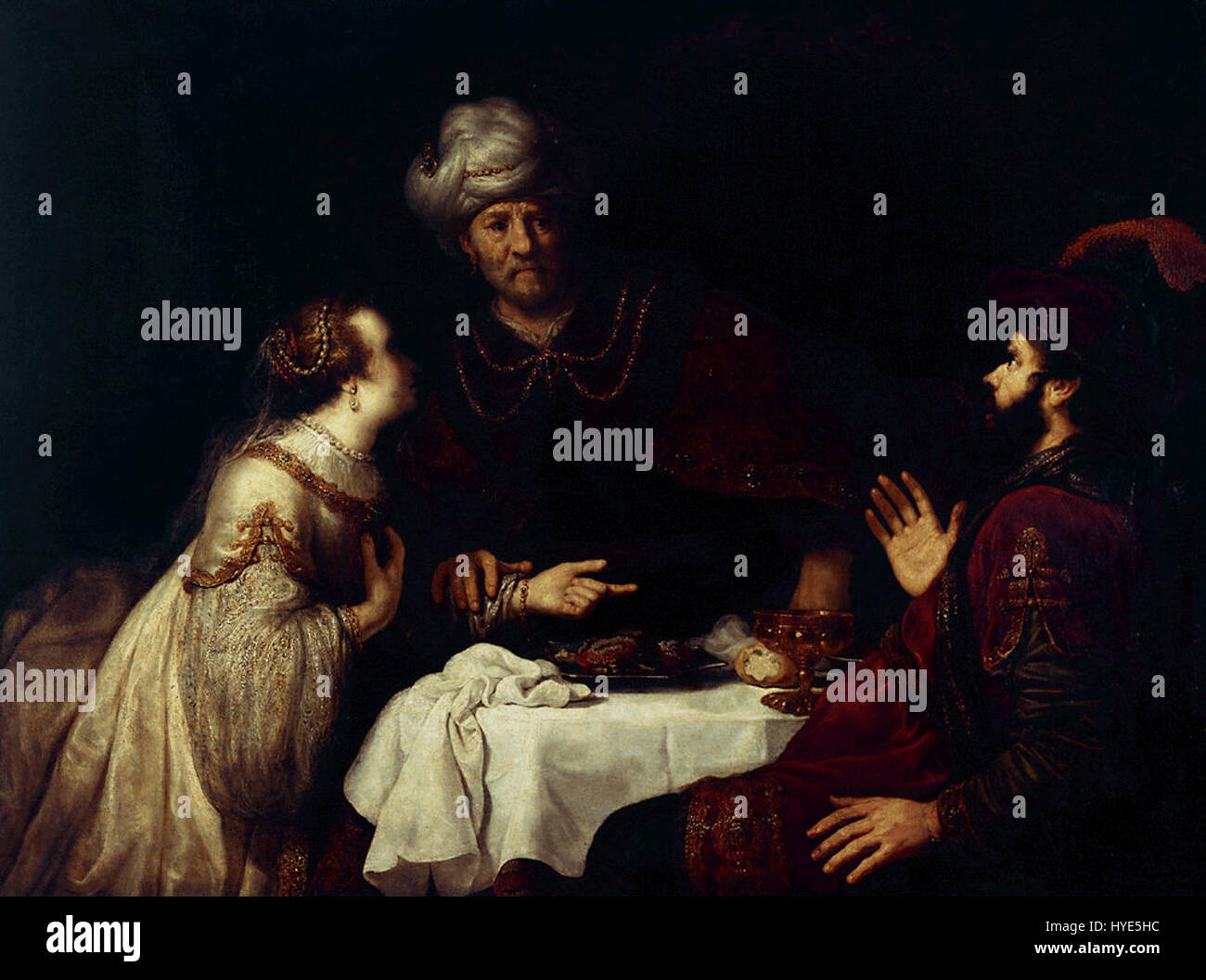 A painting by Jan Victors depicting the biblical scene of Esther and ...