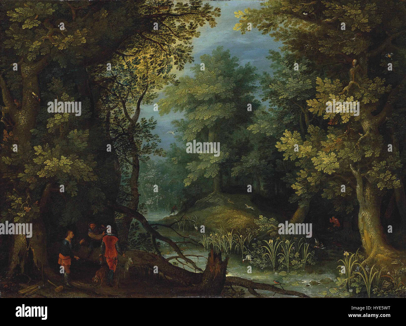 'Jagers met honden door een stroom in een bebost landschap' by Jan Brueghel de Oude is a ...