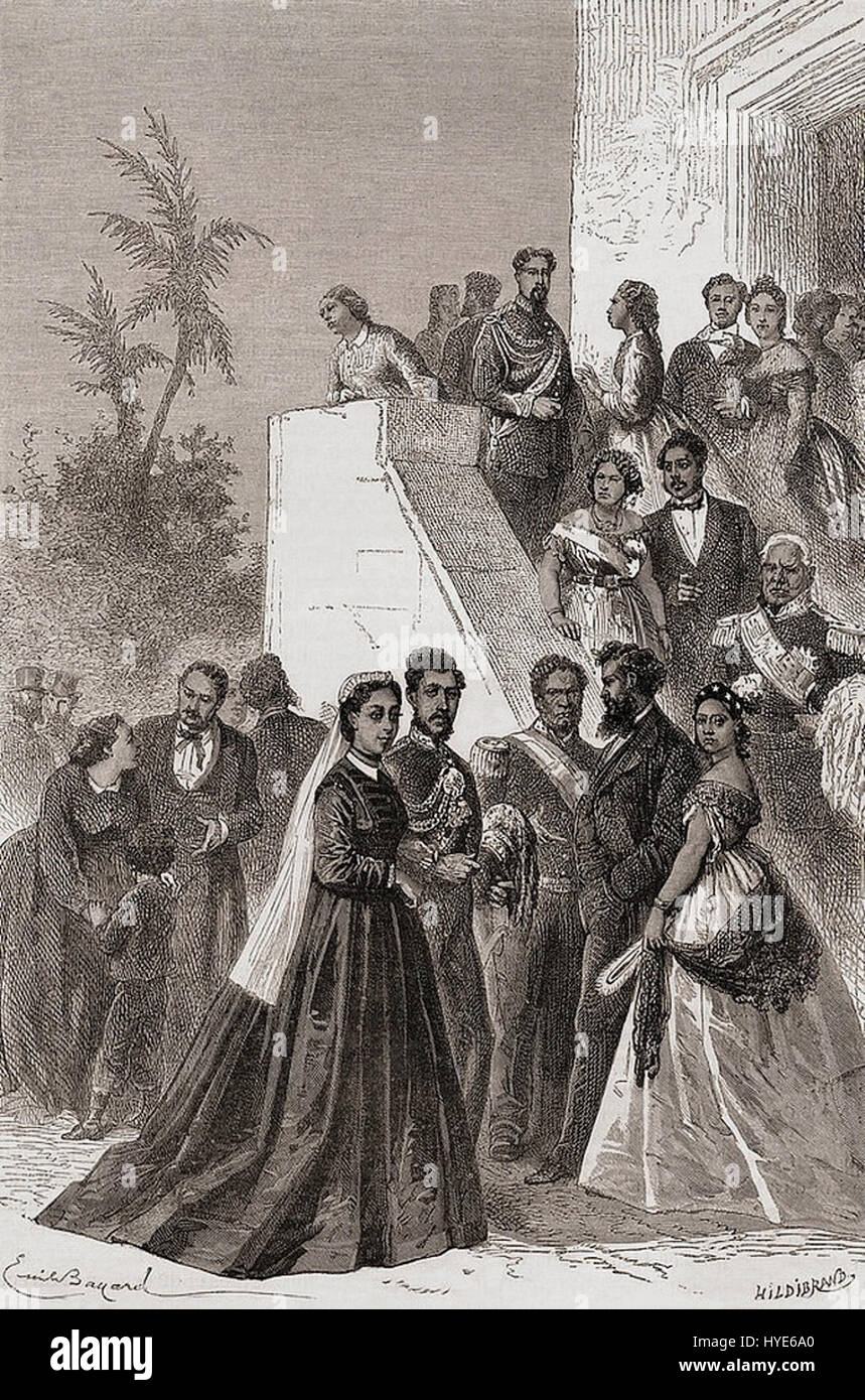 A formal portrait of Kamehameha V and his royal family, showcasing the ...