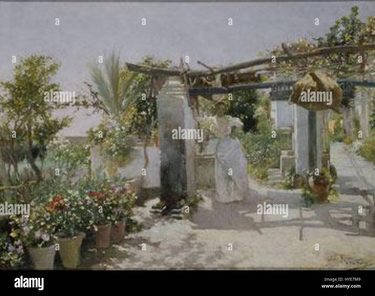 'Mujer en la huerta con pozo' by Julio Romero de Torres, depicting a ...