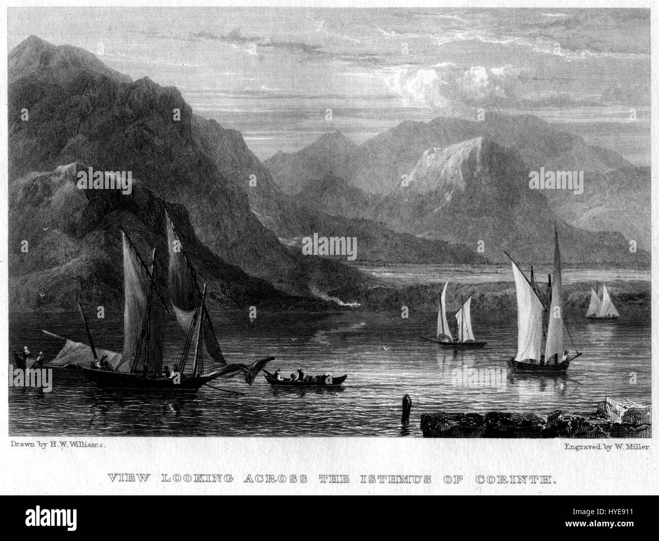 This engraving shows a view across the Isthmus of Corinth, a narrow ...