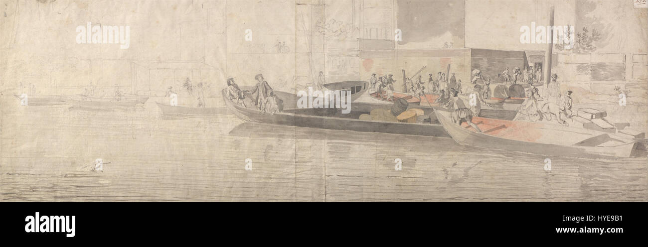 Painting by Samuel Scott depicting figures and boats on the Thames ...