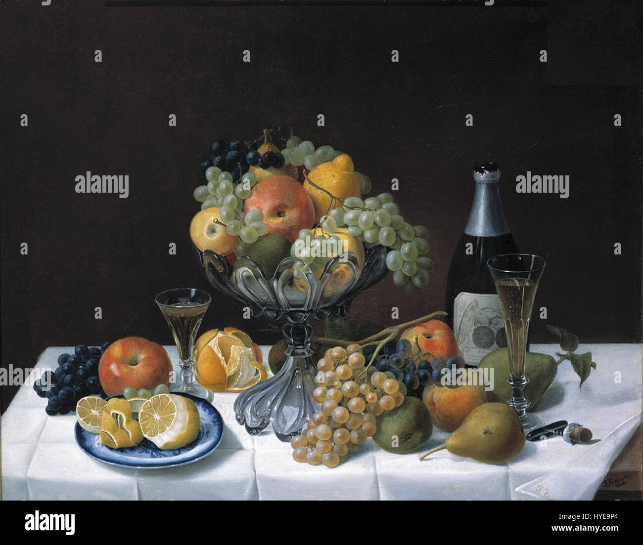 *Stillleben mit Sektflasche (Ausschnitt)* by Severin Roesen depicts a ...
