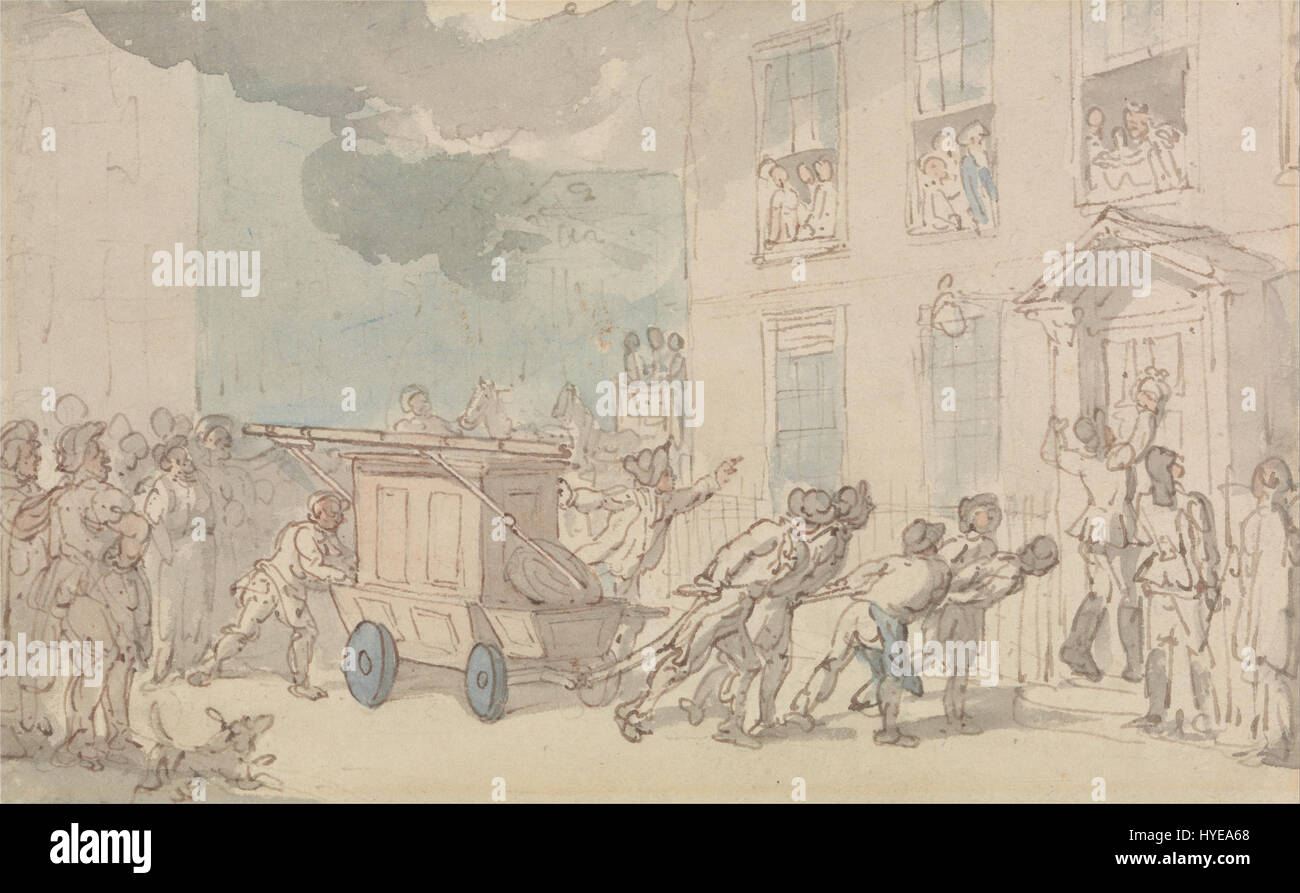 *The Arrival of the Fire Engine* by Thomas Rowlandson depicts a scene ...