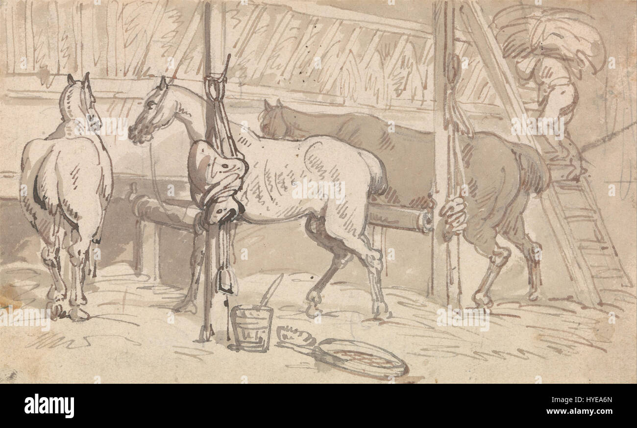 'Three Horses in Stalls' by Thomas Rowlandson depicts three horses in a ...