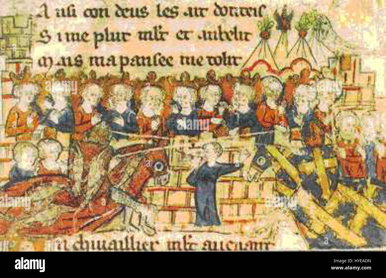 This medieval manuscript detail from the 'Tournoi de Chauvency' depicts ...