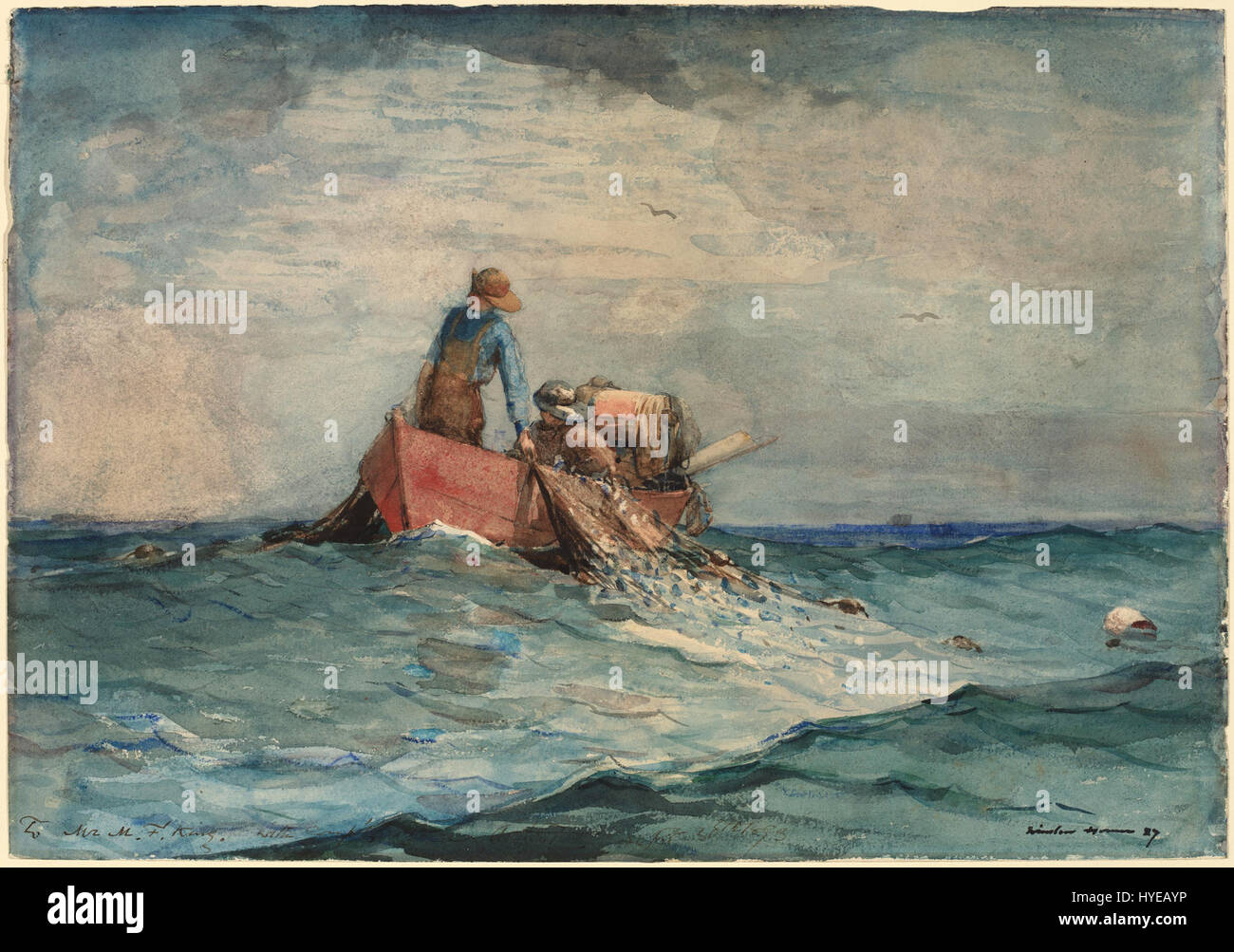 'Hauling in the Nets' by Winslow Homer is an oil painting that portrays ...