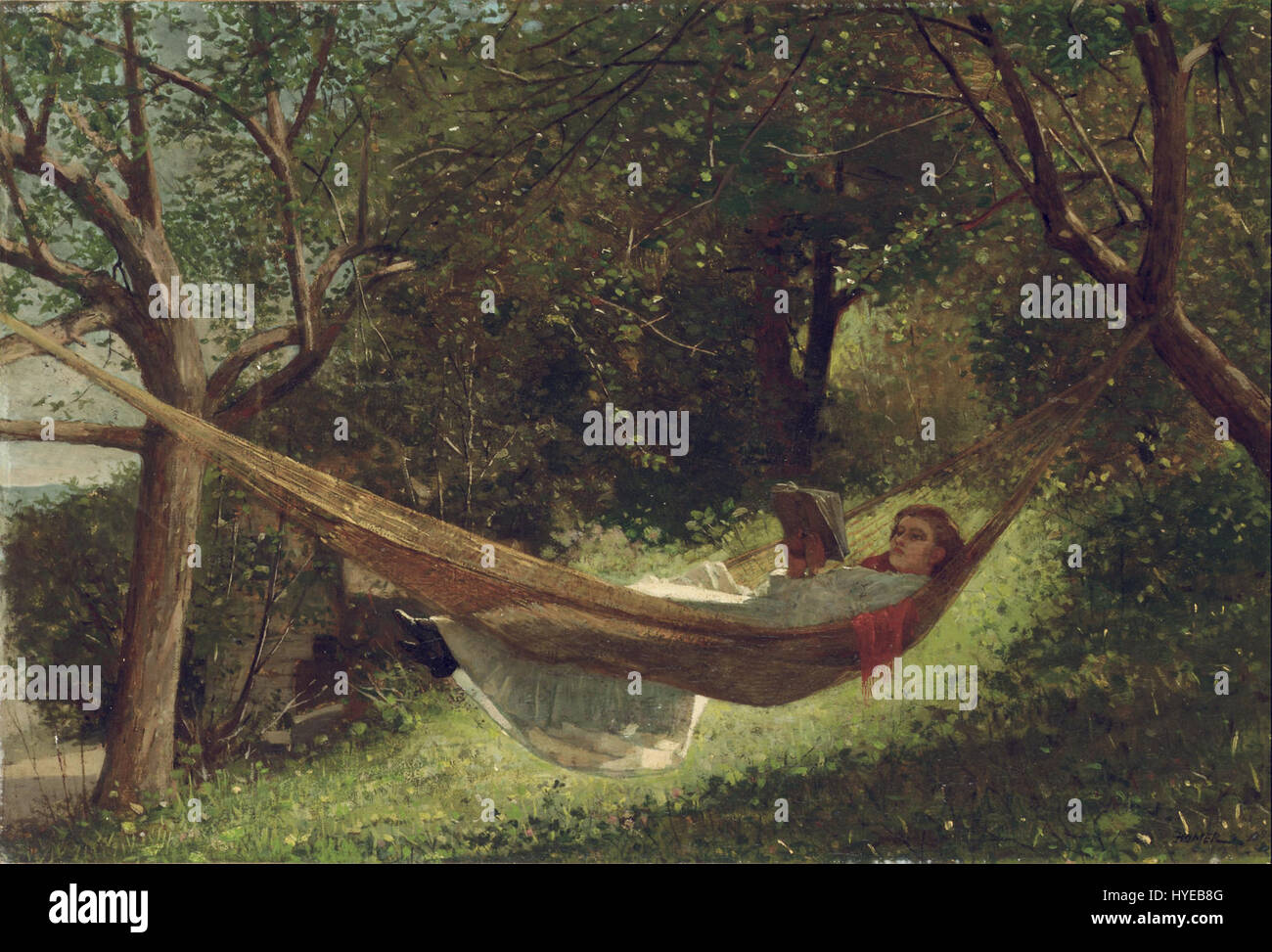 'Girl in the Hammock' by Winslow Homer depicts a young girl relaxed in ...