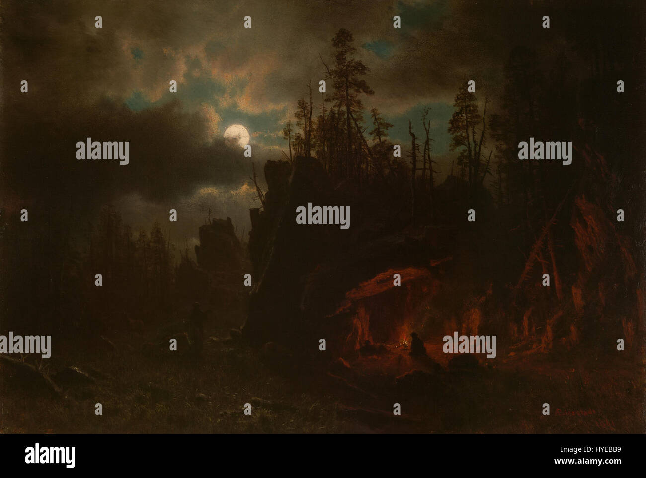 'The Trappers' Camp' by Albert Bierstadt, painted in 1861, depicts a ...