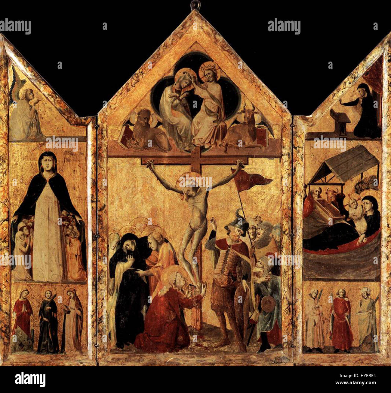 This 14th-century triptych, created by unknown painters, depicts religious scenes in three ...