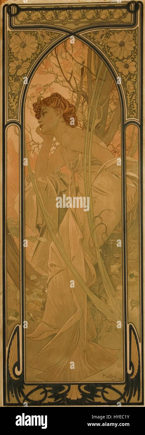 Alfons Mucha’s lithograph *Abend* (1899) captures a symbolic depiction ...