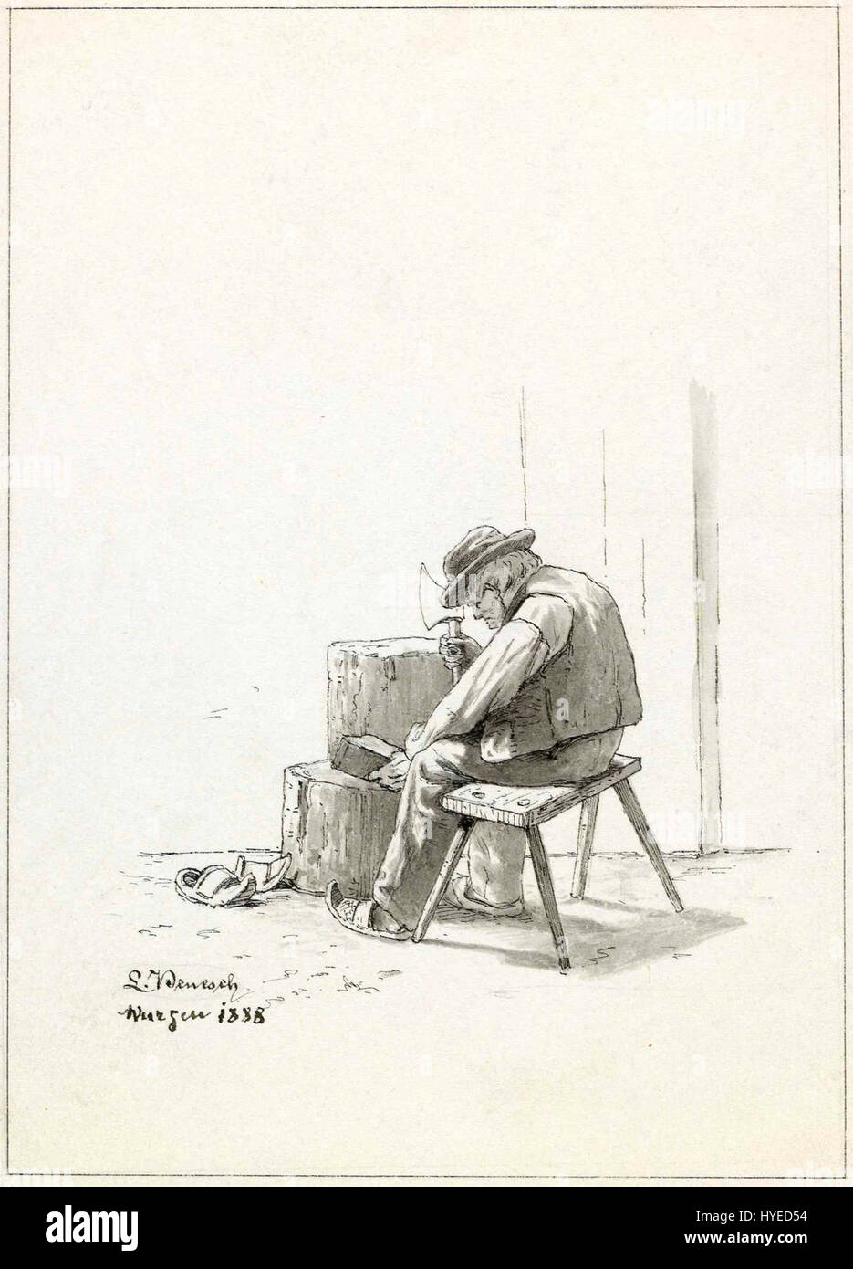 'Izdelovanje lesenih cokel v Podkorenu' by Ladislav Benesch depicts the ...