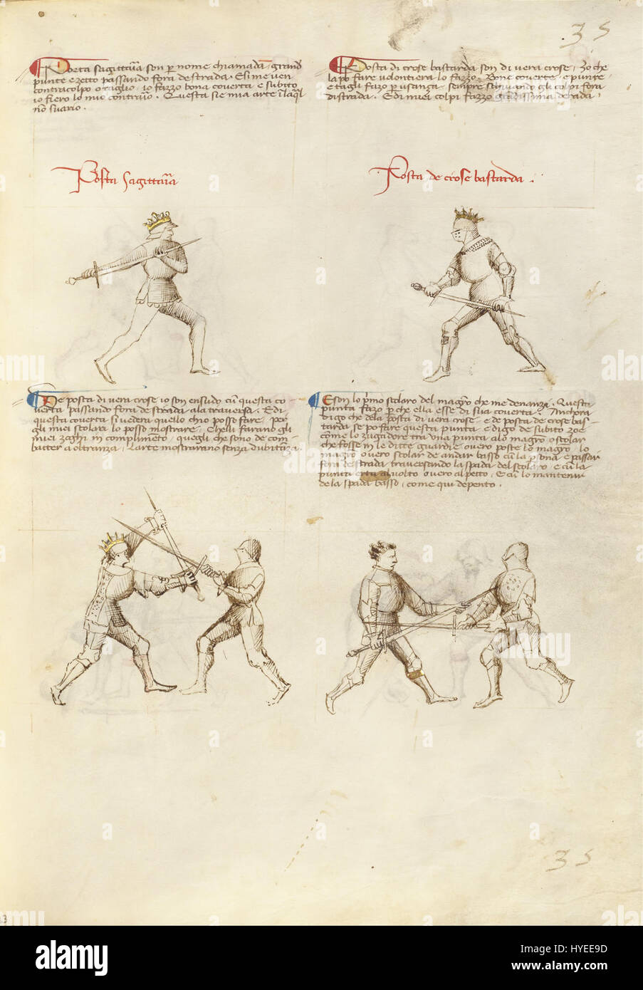 This manuscript, attributed to Fiore dei Liberi, illustrates combat ...