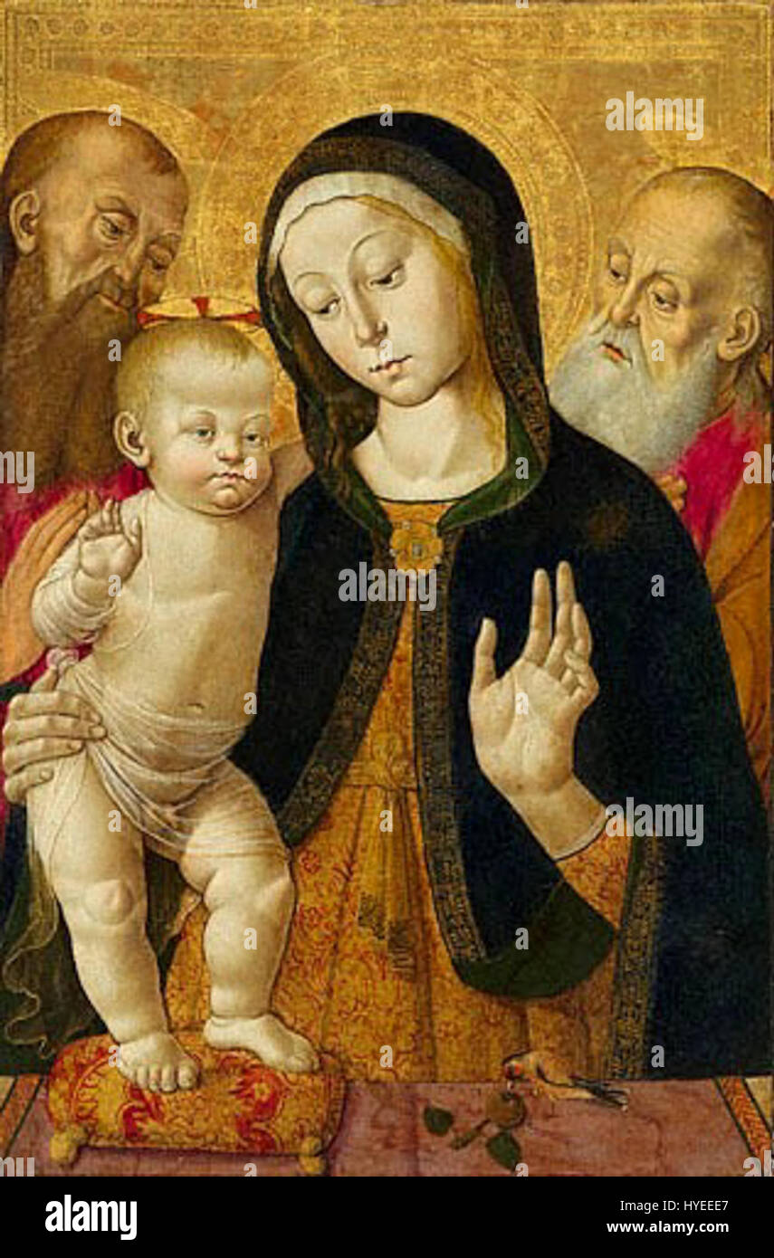 The painting 'Madonna and Child with Two Hermit Saints' features the Virgin Mary and Jesus ...