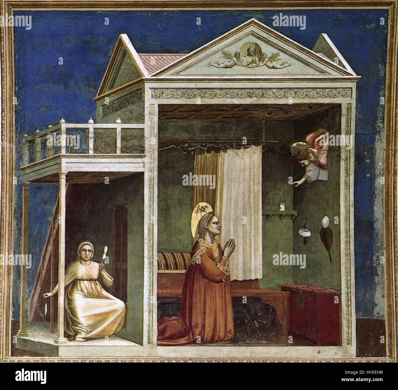 This artwork by Giotto di Bondone depicts the Annunciation to St. Anne ...