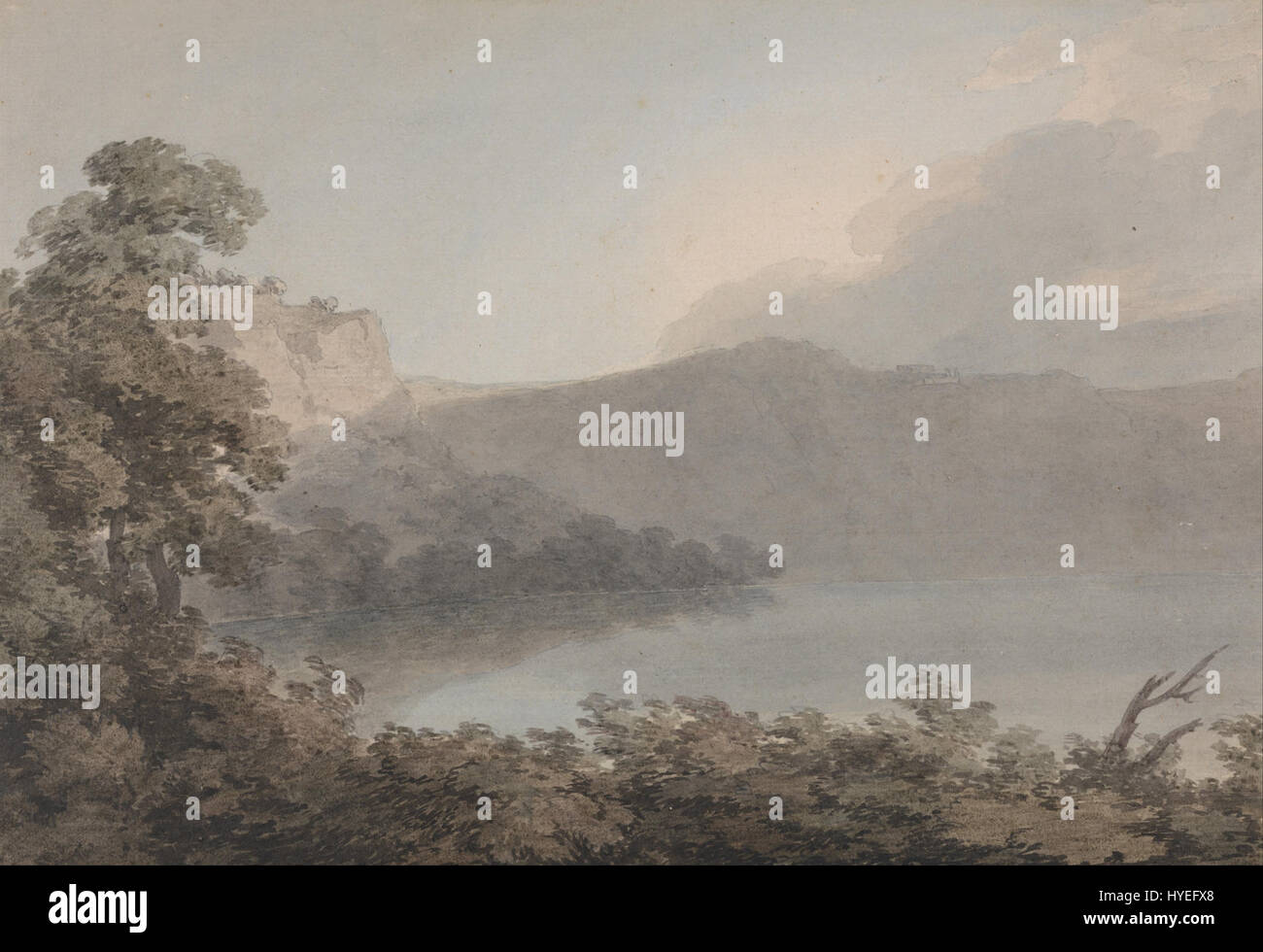 This landscape painting by John Robert Cozens depicts Lake Vico ...