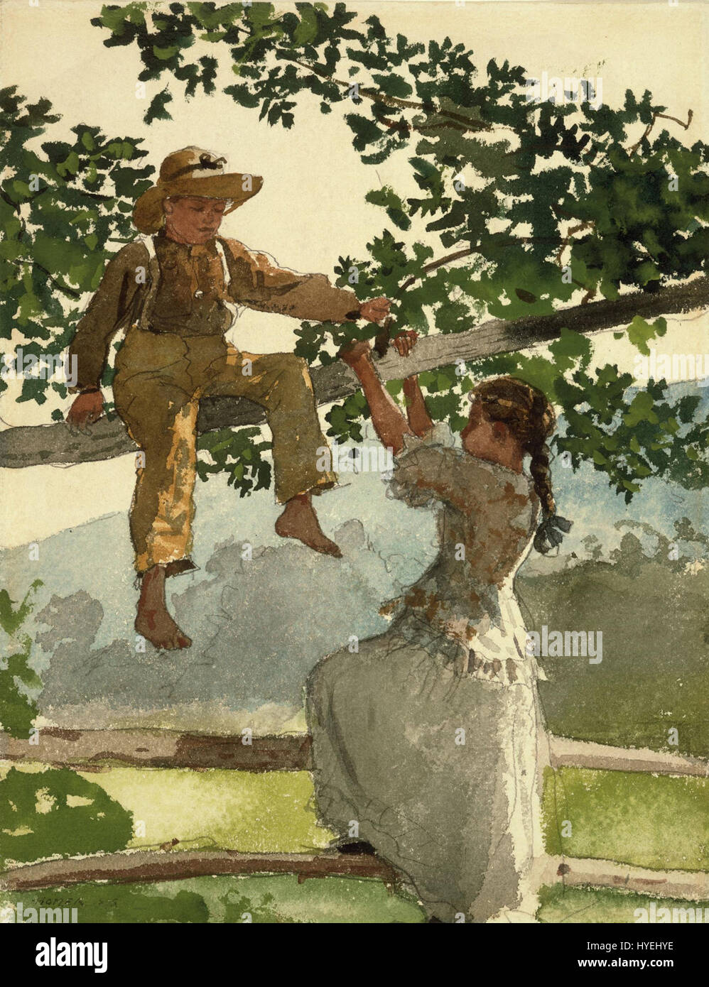 'On the Fence' is a painting by Winslow Homer from 1878, portraying a ...