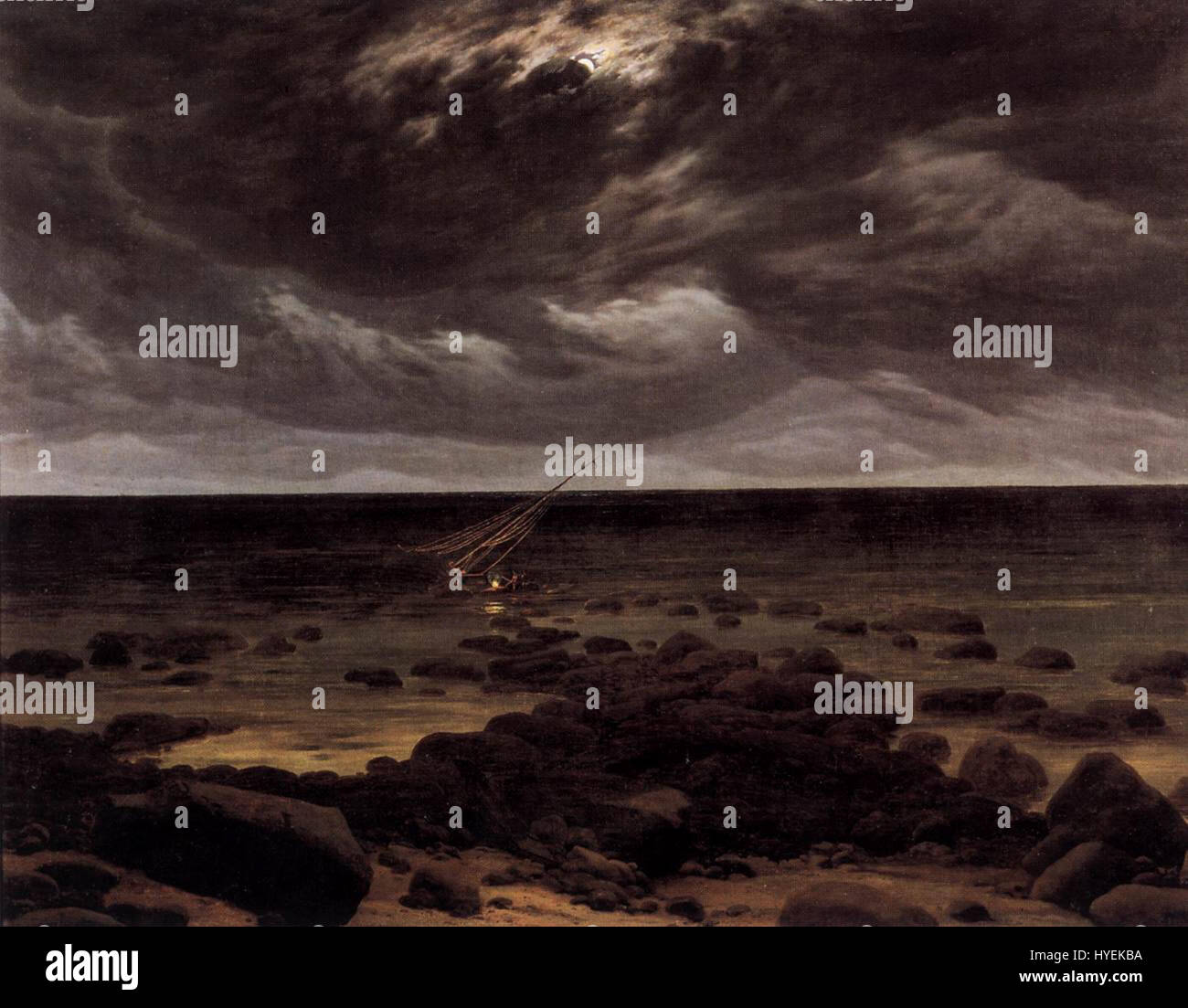 *Seashore with Shipwreck by Moonlight* is a dramatic painting capturing ...