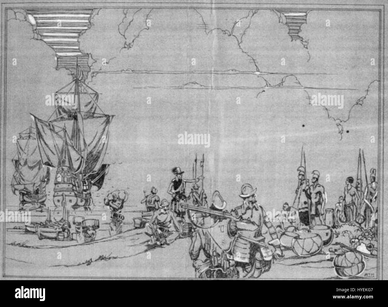 This historical painting captures the moment when Spanish explorers ...