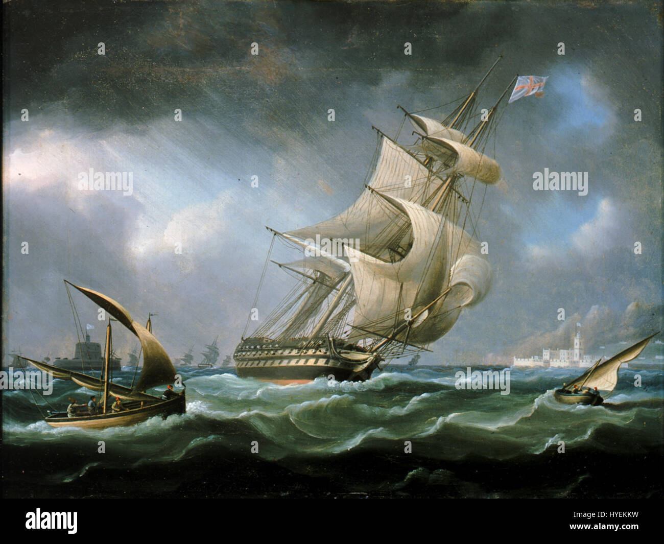 The HMS Warrior, a British ironclad warship, is depicted off the mouth ...