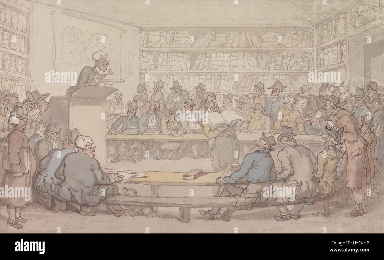 An illustration by Thomas Rowlandson, depicting a book auction scene ...