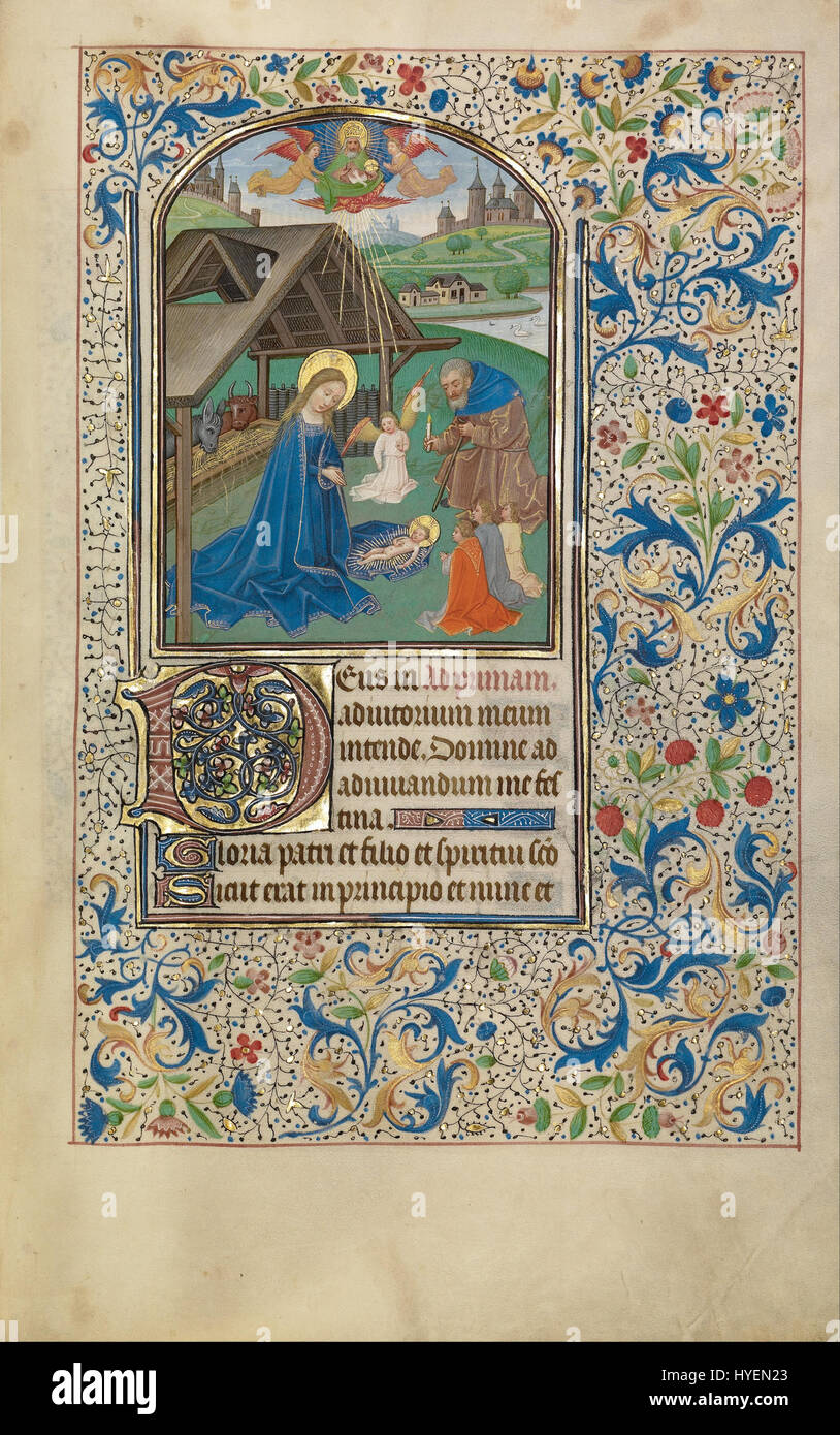 A painting titled 'The Nativity' by Flemish artist Willem Vrelant ...