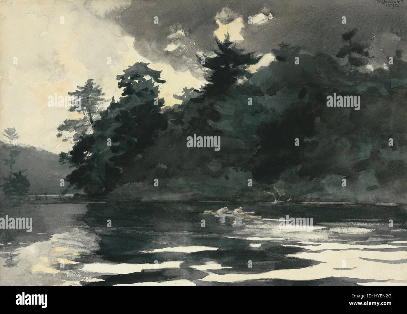 'Two Men Rowing on a Lake' by Winslow Homer is a serene painting ...