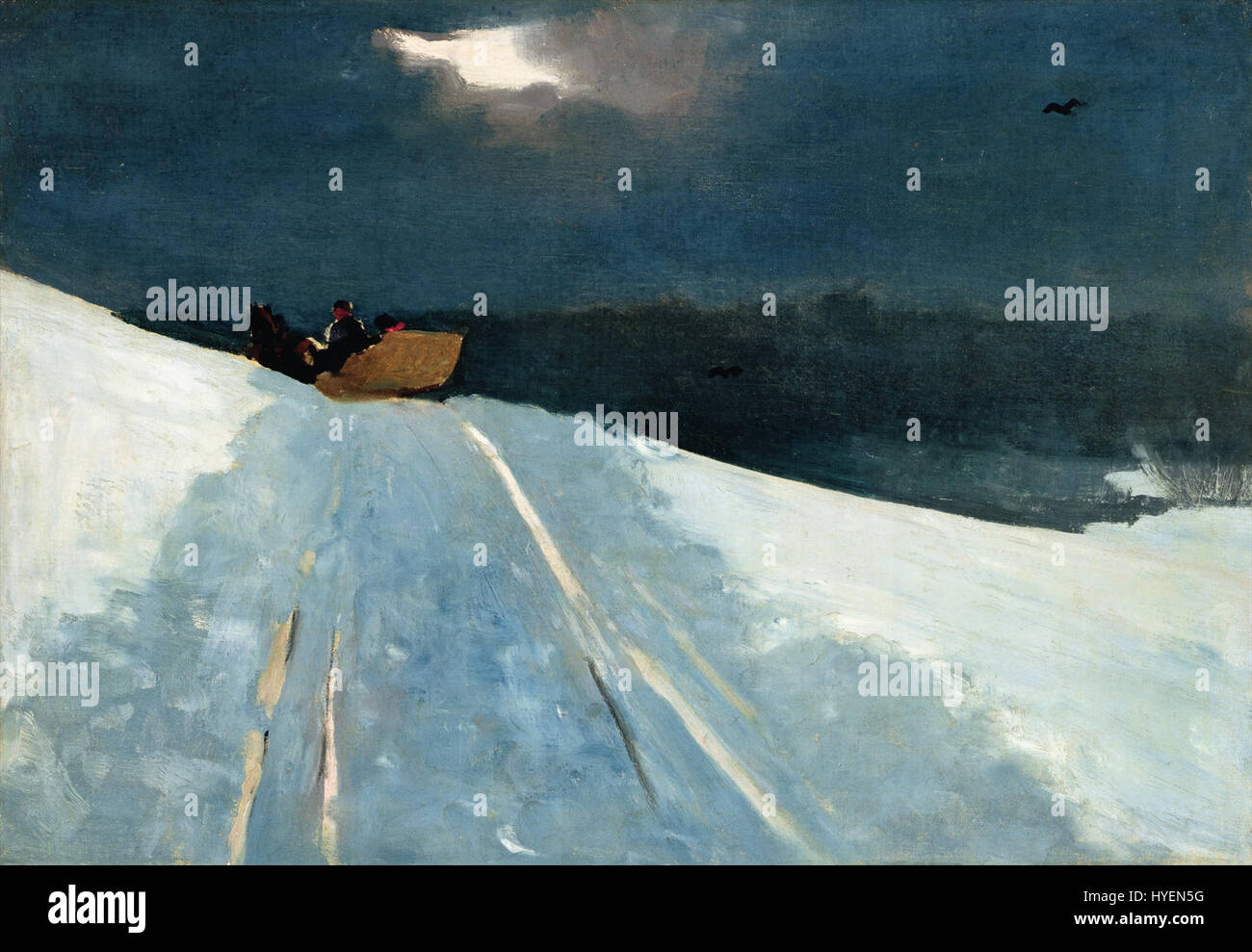 'Sleigh Ride' by Winslow Homer depicts a winter scene with a family or ...