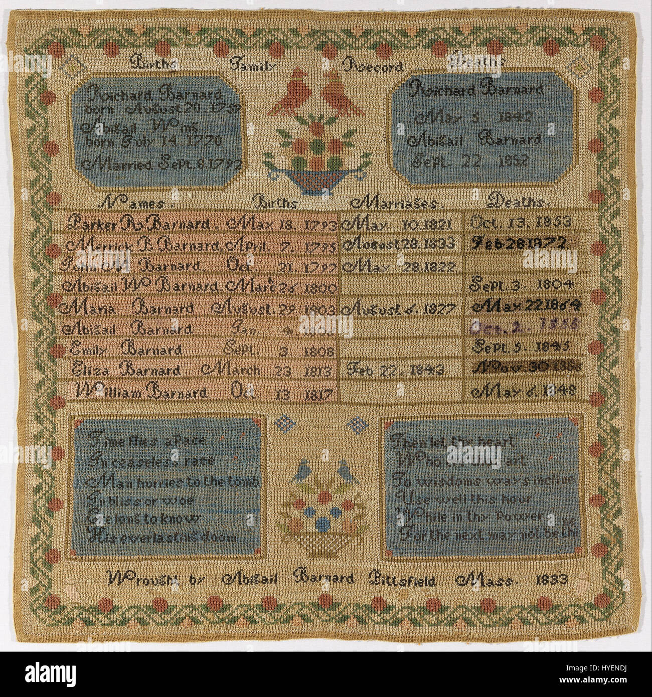 The Abigail Barnard family register sampler is an example of American ...