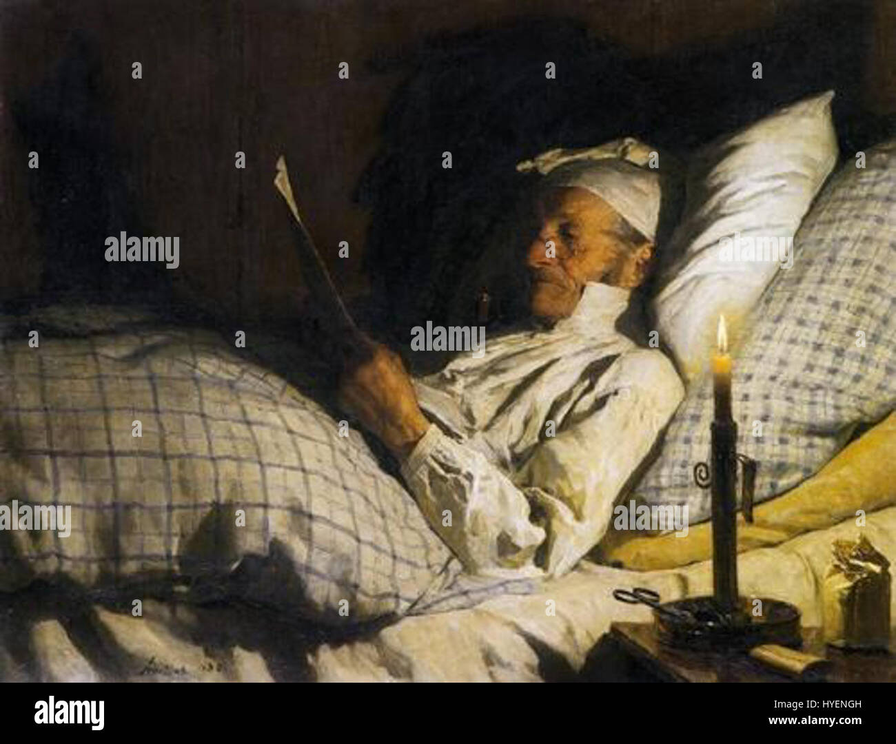 Albert Anker’s 'Bauer, im Bett lesend I' portrays a farmer reading in ...