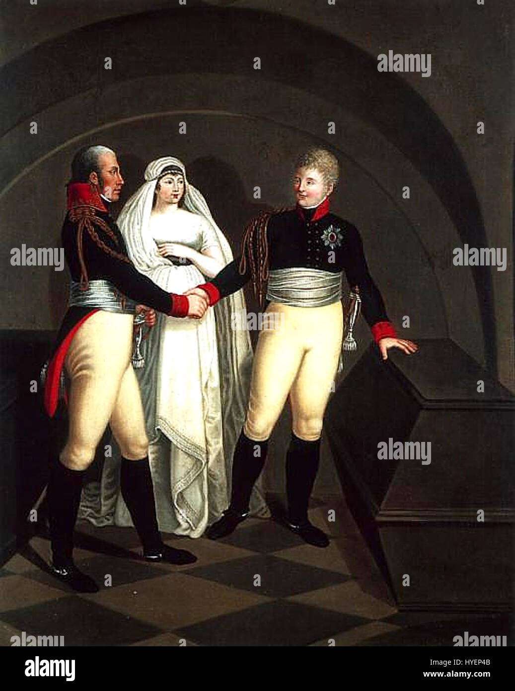 The scene shows Alexander I of Russia paying homage to Frederick the ...