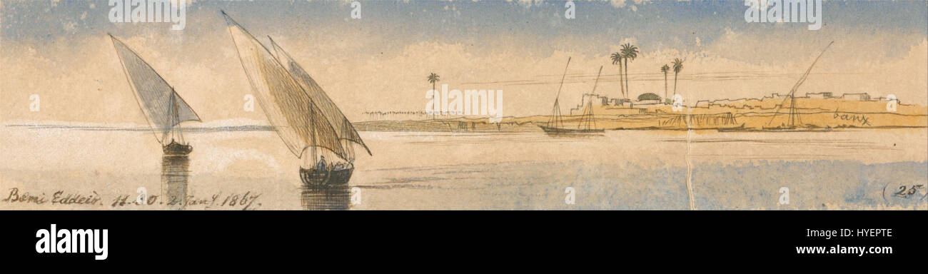 Edward Lear's 'Beni Eddeir' is a detailed landscape painting that ...