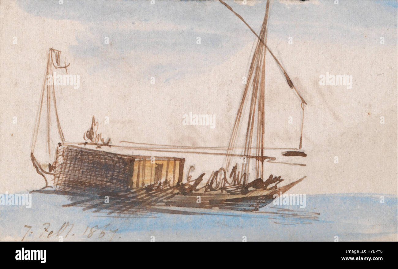 Edward Lear’s 'Boat on the Nile' is a watercolor painting depicting a ...