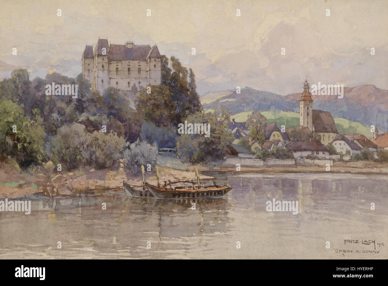 Fritz Lach's 1916 painting 'Blick auf Grein an der Donau' depicts a ...