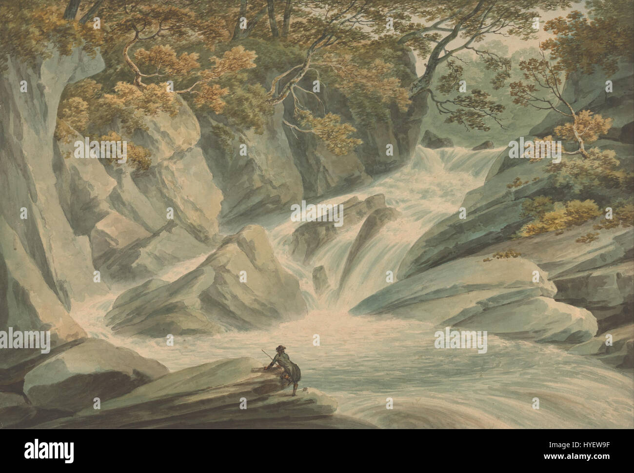 John Warwick Smith's 'Hafod Upper Part of Cascade' portrays a picturesque waterfall scene ...