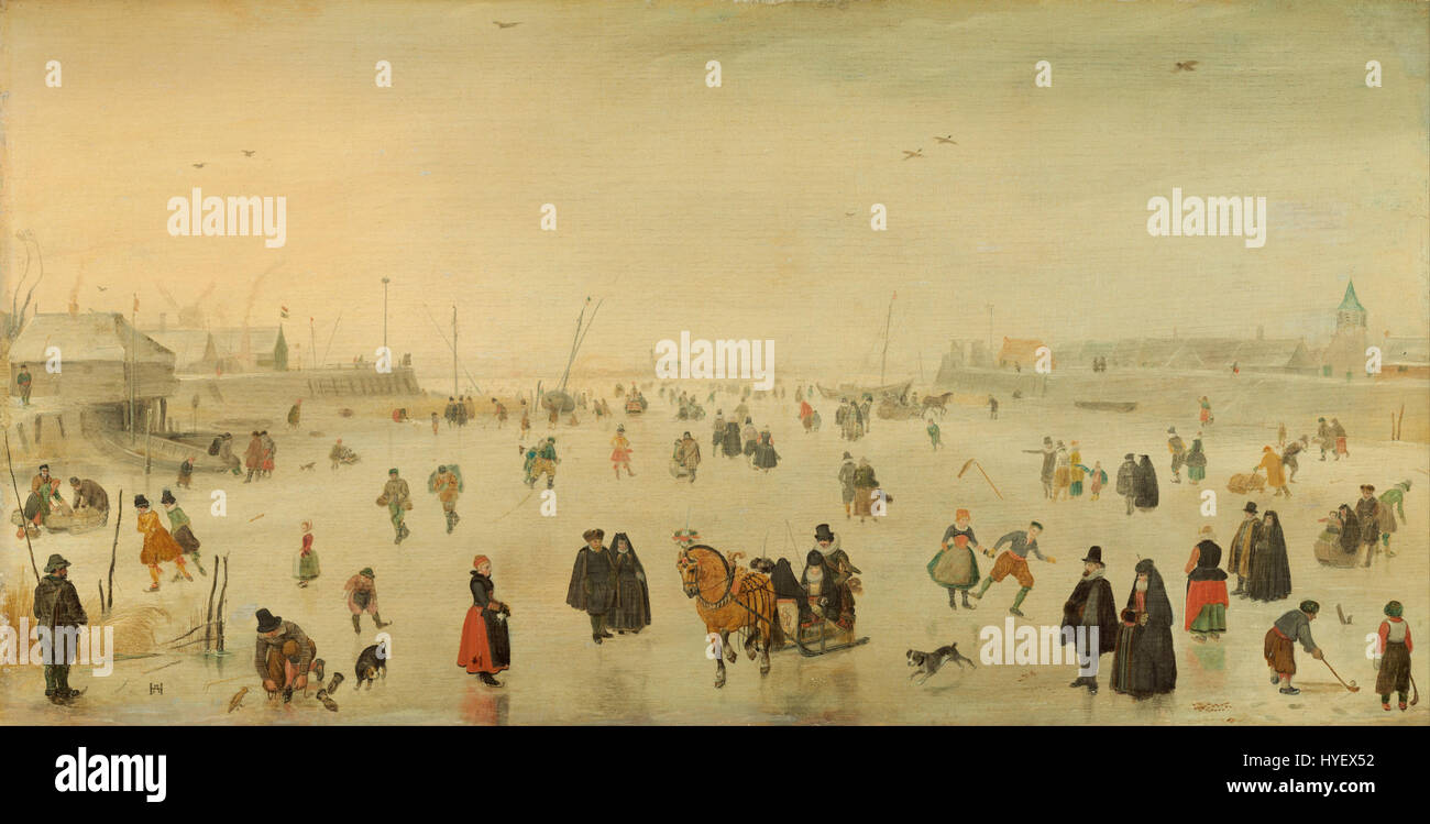 A Scene on the Ice by Hendrick Avercamp portrays a lively winter scene with figures skating on ...