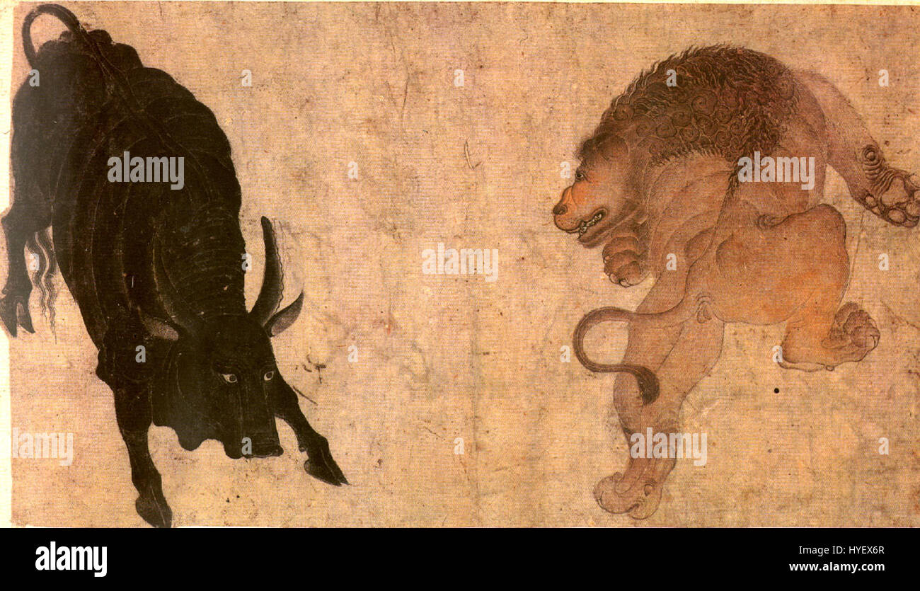 'Lion and Bull' by Mohammed Siyah Qalem is a Persian miniature painting ...