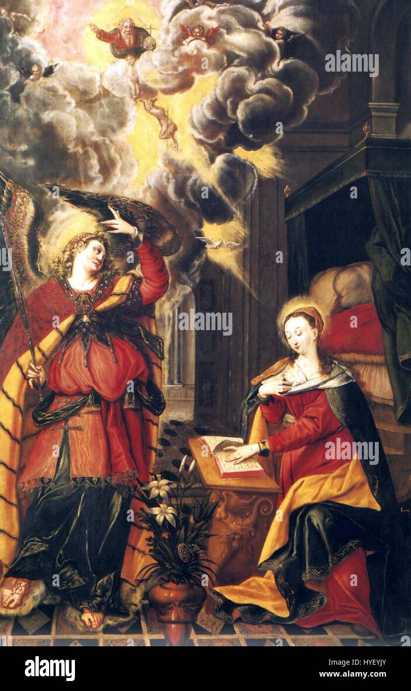 This religious painting by Mertens depicts the Annunciation, the ...