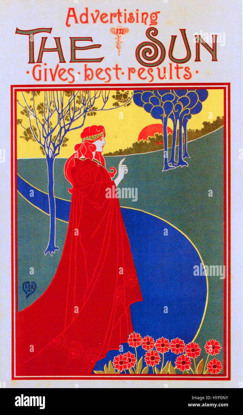 This 1896 advertisement designed by Louis Rhead promotes 'The Sun,' a ...