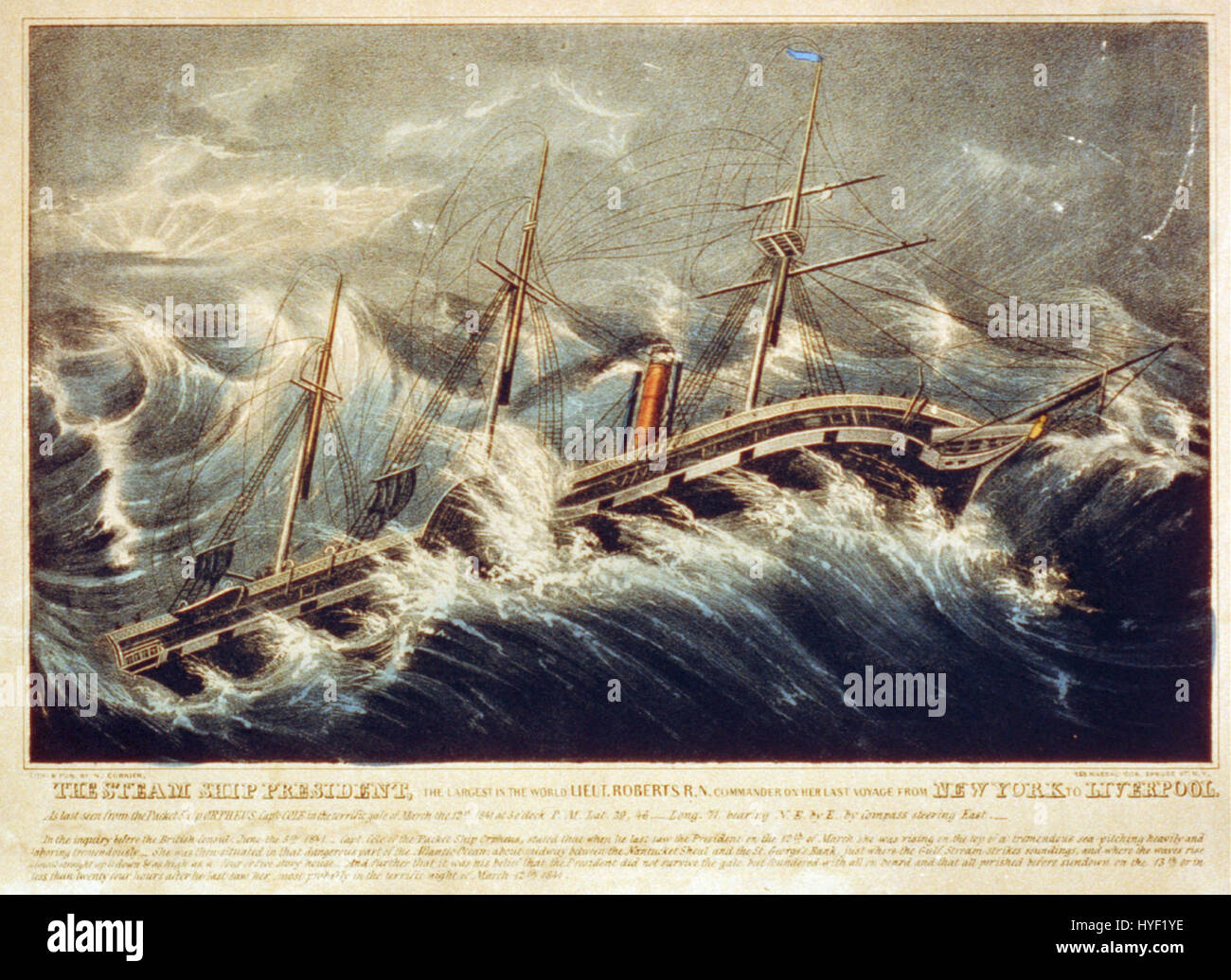 This historical image depicts the steamship *President* battling a gale ...
