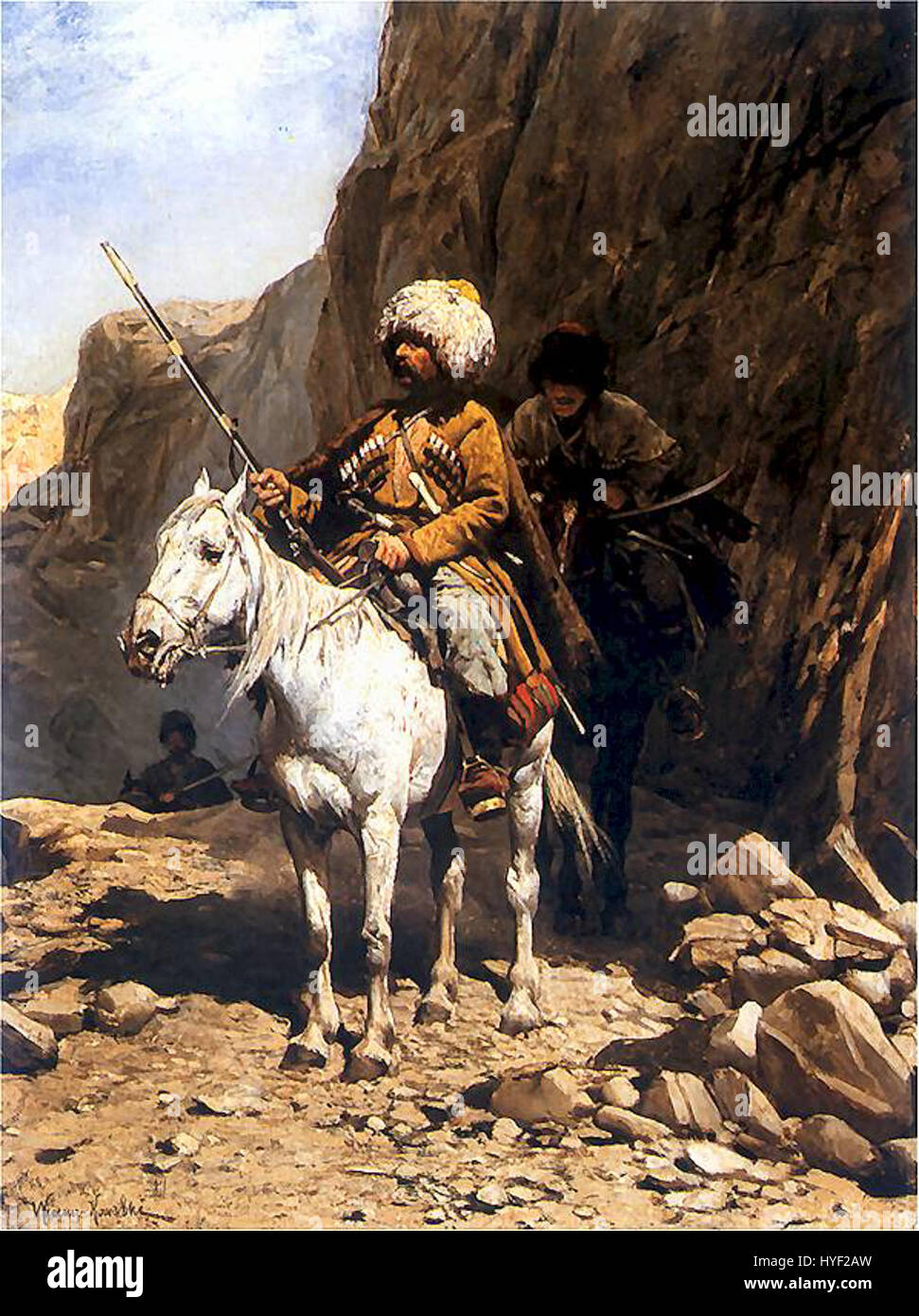 'Czerkieski Zwiad' (1885) by Wierusz Kowalski depicts a dramatic scene ...