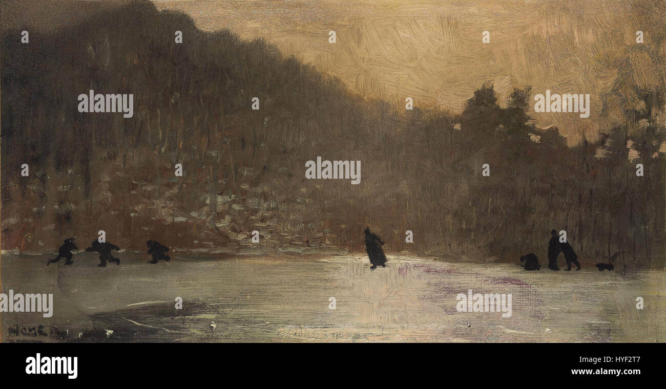 'Skating' by Winslow Homer depicts a winter scene with figures skating ...