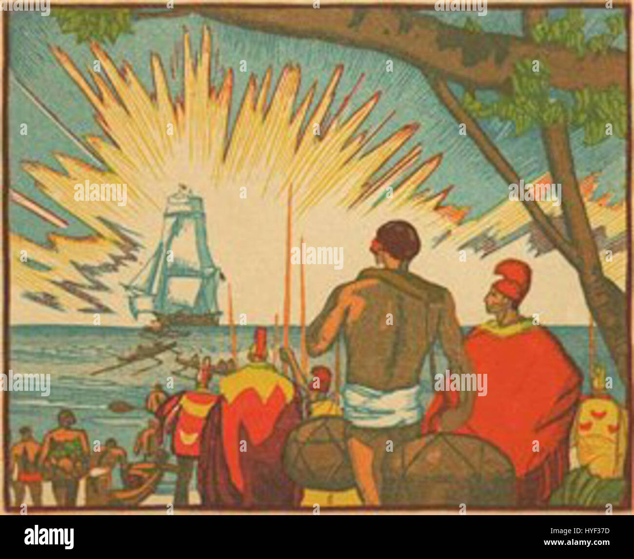 'Ship on the Horizon with Sun Burst', woodblock print by Arman ...