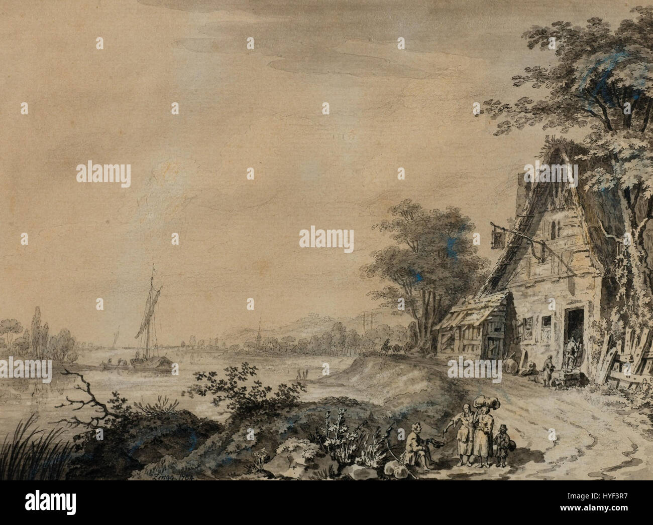Adrian Zingg's painting 'Flusslandschaft mit Wanderern vor einer ...