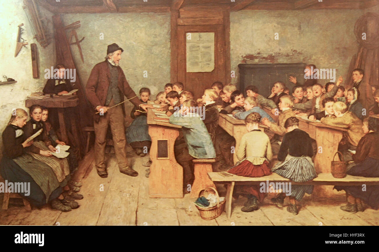 'Die Dorfschule von 1848-1896' by Anker depicts a rural school in the ...